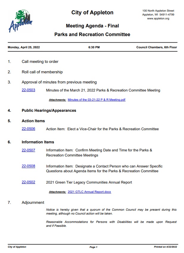 Parks And Recreation Committee Meeting 04/25/2022 – Will Elect Vice ...