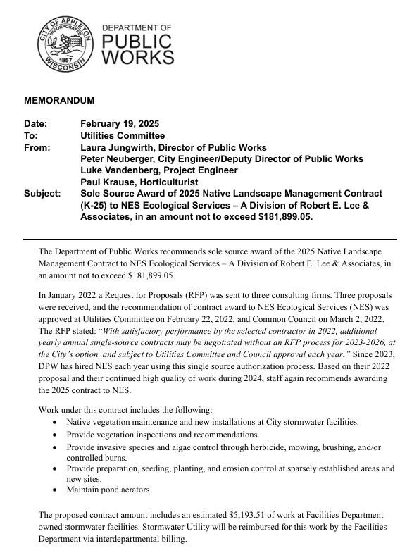 Utilities Committee Approves 2025 Sole Source Native Landscape ...
